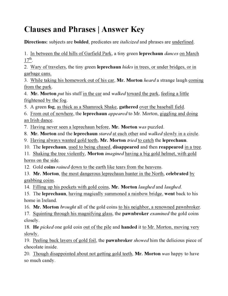Clauses And Phrases Worksheets Answer Key - Worksheets Day