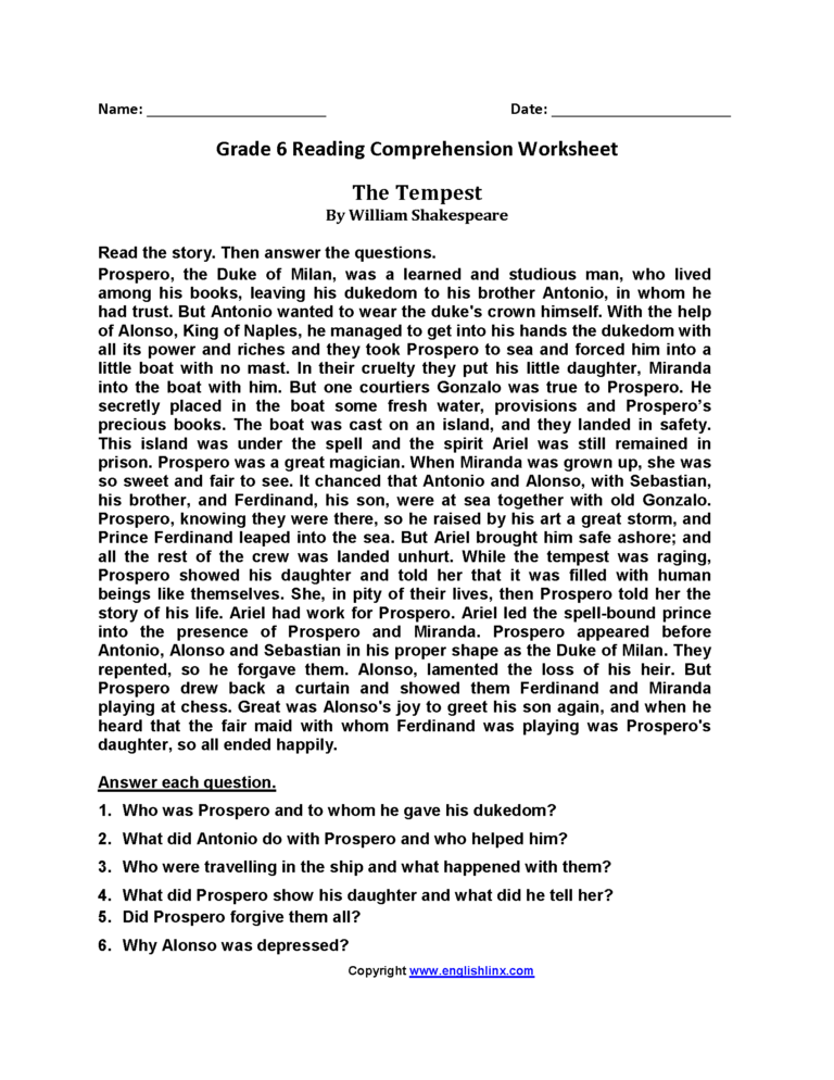 6th Grade Fiction Reading Passages Worksheets - Worksheets Day