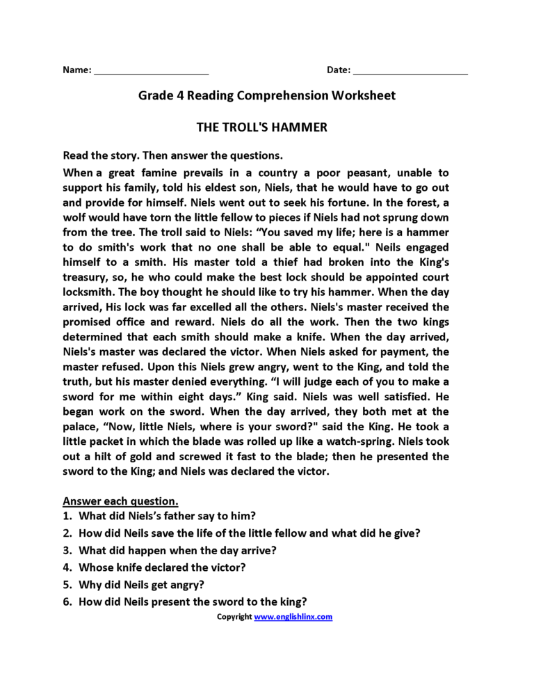 Reading Comprehension Passages With Questions And Answers For Grade 6 ...